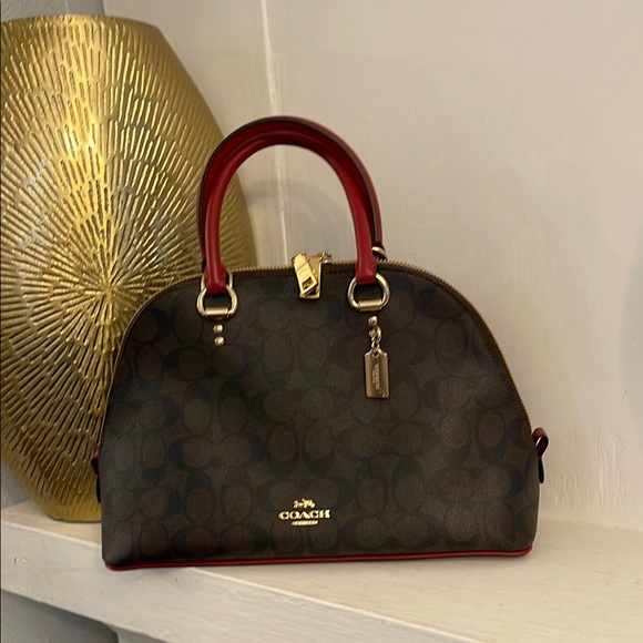 Coach | Bags | Coach Brown And Red Satchel With Signature Monogram ...